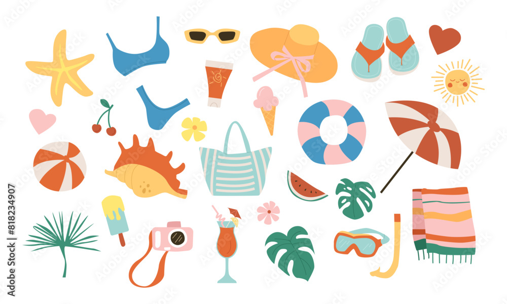 Cute Summer Elements Set: Swimsuit, Umbrella, Towel, Drink, Ice Cream ...