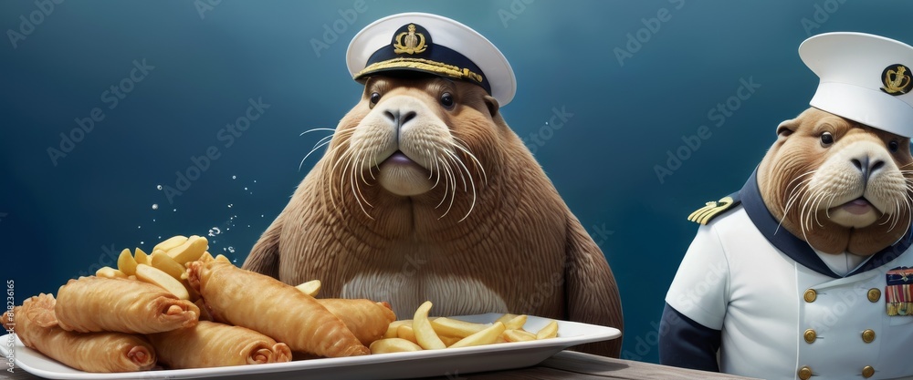 Two walrus characters dressed as ship captains, sharing fish and chips ...