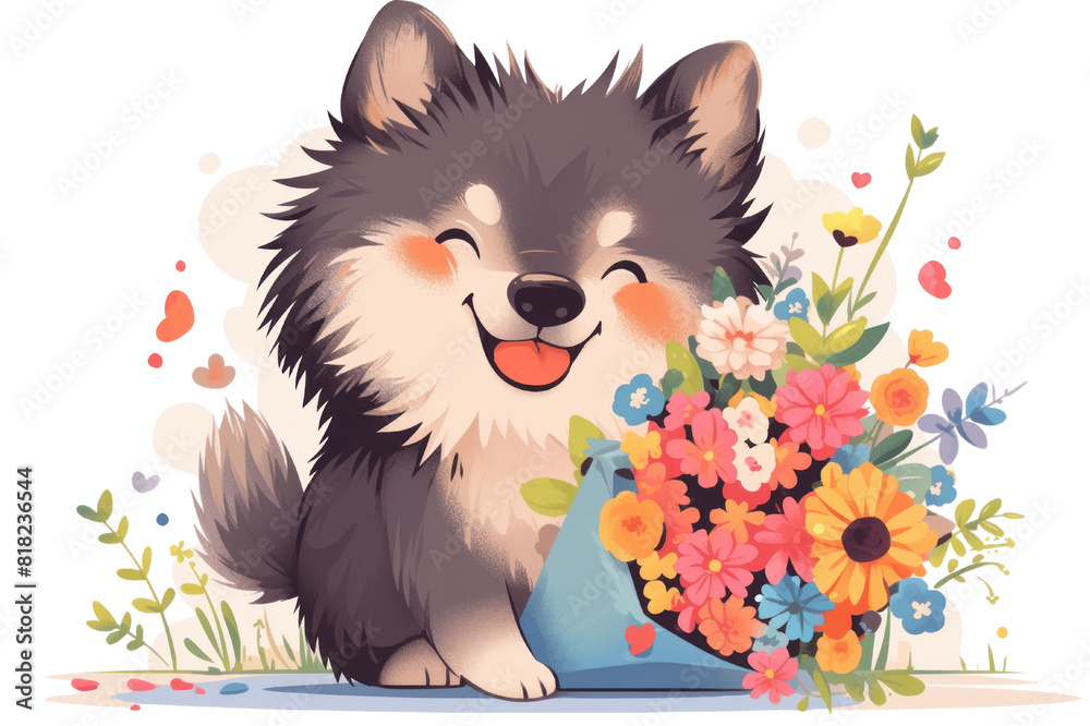 Keeshond, cute cartoon character with bouquet, single object, Di-Cut ...