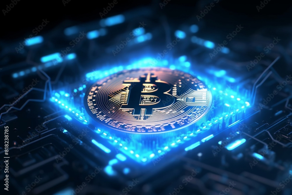 crypto currency and digital wallets concept background. futuristic bitcoin icon hologram in ...