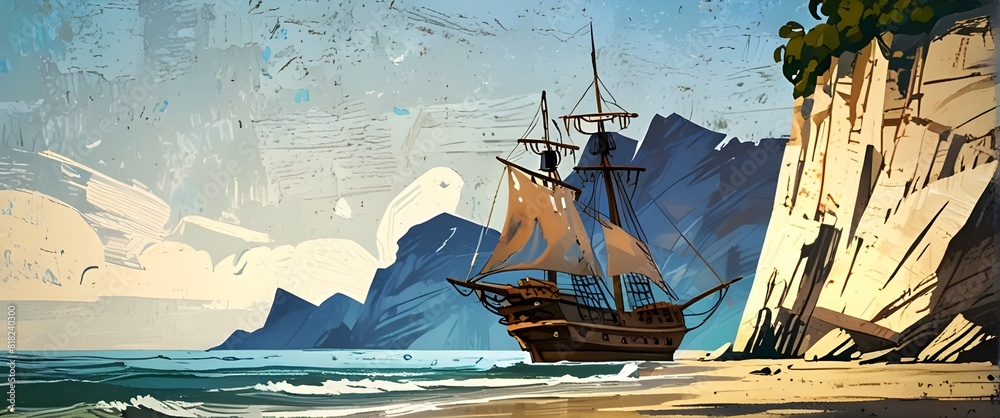 Pirate ship in the bay, beautiful cliffs landscape. art painting style ...