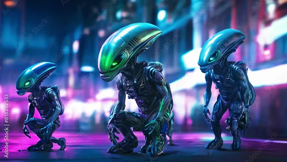 Group of aliens in a futuristic city at night. Extraterrestrial beings ...