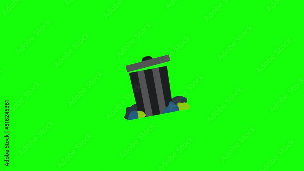 2D Animation: Bouncing and Stretching Dustbin and Trash Icon on a Green ...