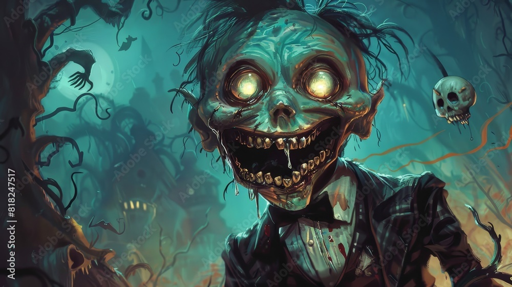 Stylized, cartoonish depiction of a zombie character with exaggerated ...