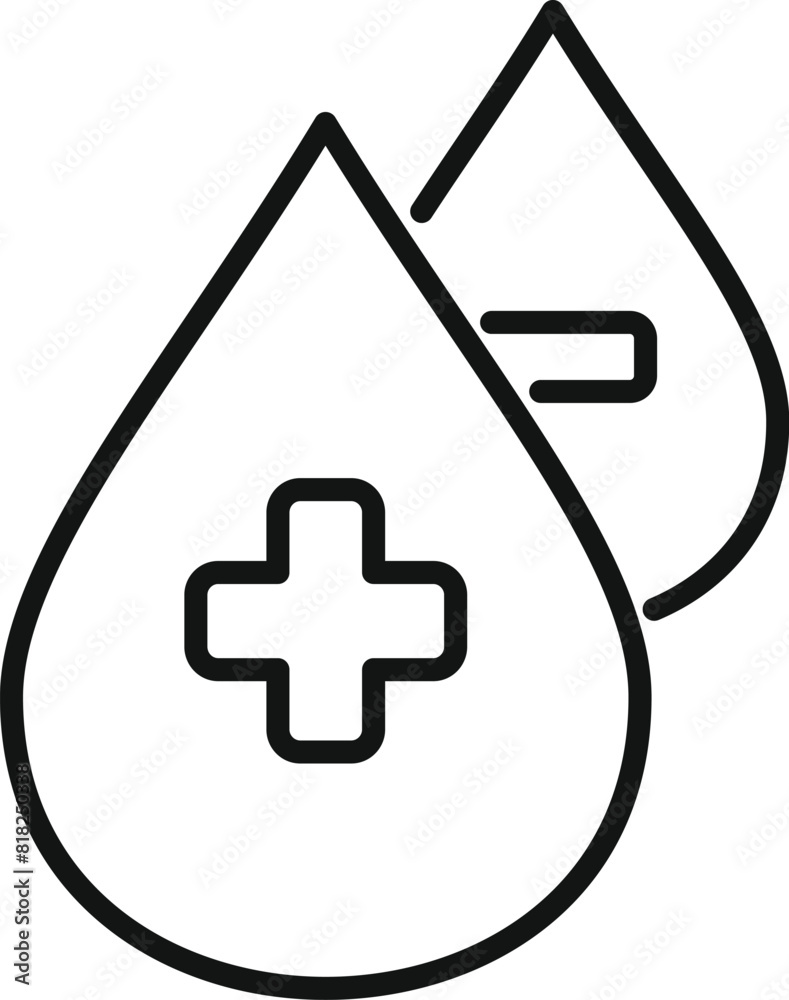 Simple line art icon illustrating two blood drops, one with a positive ...
