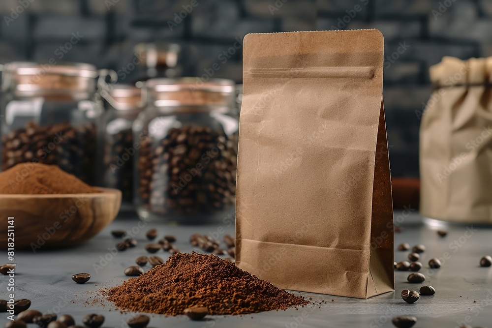 Coffee paper bag with coffee beans heap on blurred coffee shop ...