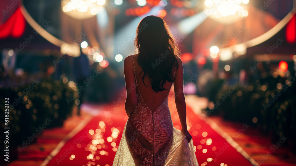 Back view woman stands with her back to the red carpet , Famous ...