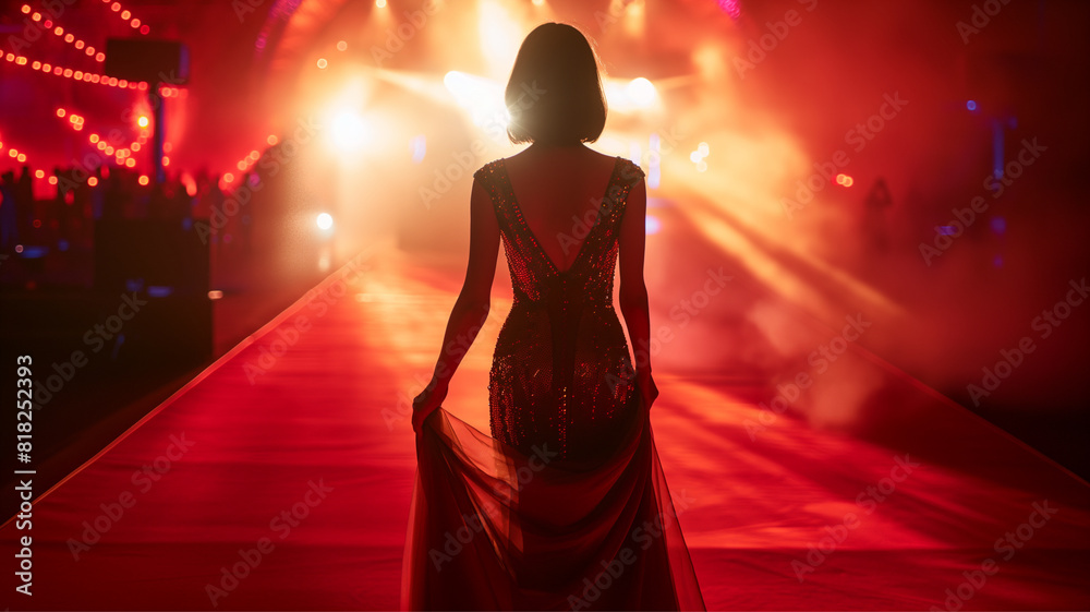 Back view woman stands with her back to the red carpet , Famous ...