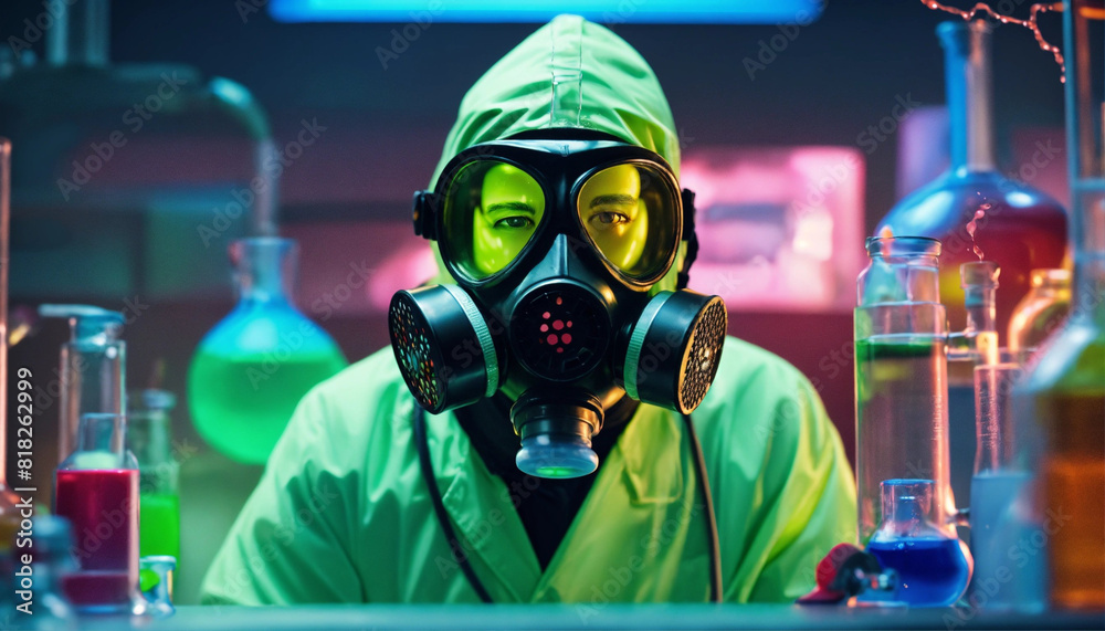 ภาพประกอบสต็อก Chemist with Gas Mask Mixing Colorful Chemicals in High ...