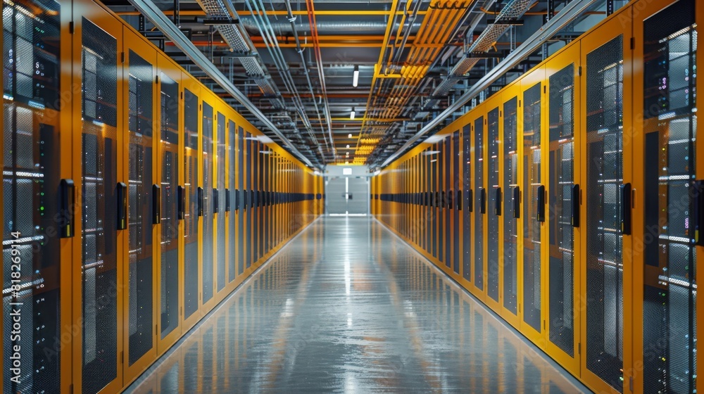Data center hallway with rows of servers and overhead cable management ...