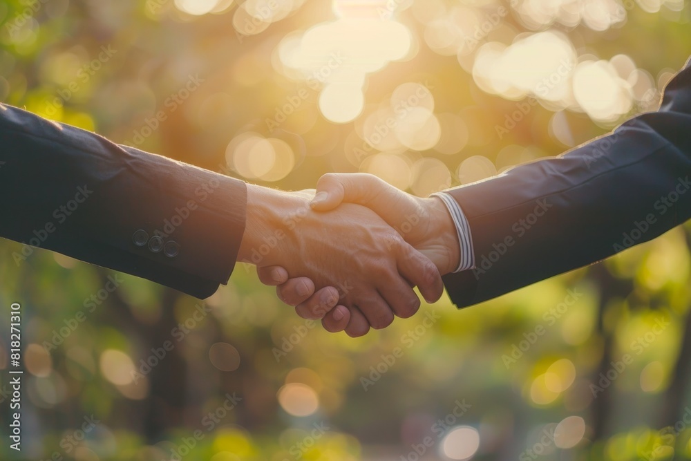 Two businessmen executing a handshake agreement with sun rays shining ...