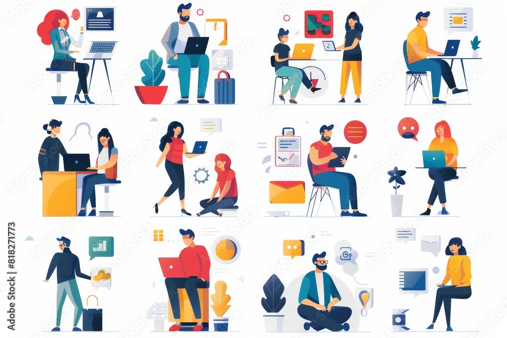 Series of modern vector graphics depicting diverse individuals engaged ...