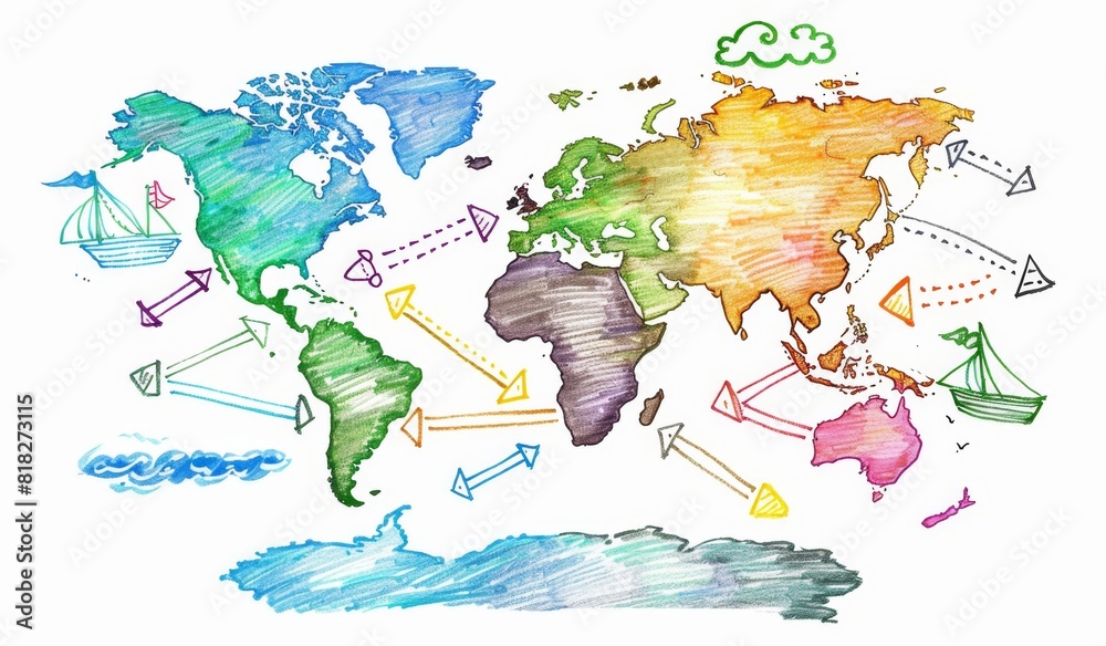 A handdrawn world map with arrows pointing to different transport ...