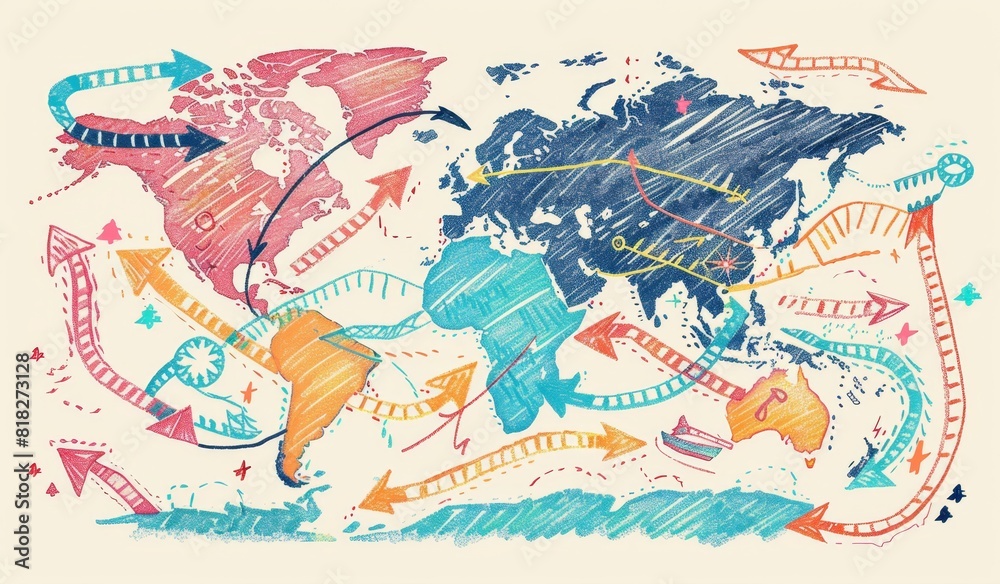 A handdrawn map of the world with arrows indicating different borders ...