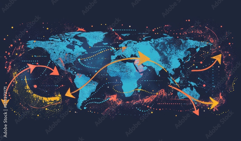 A handdrawn map of the world with arrows indicating different borders ...