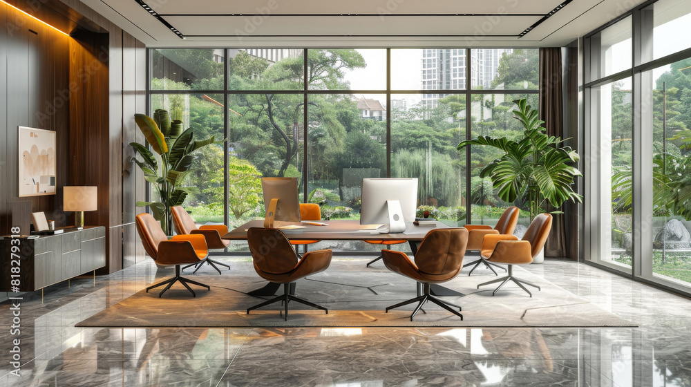 High-end office space with a modern design, large windows, and an ...