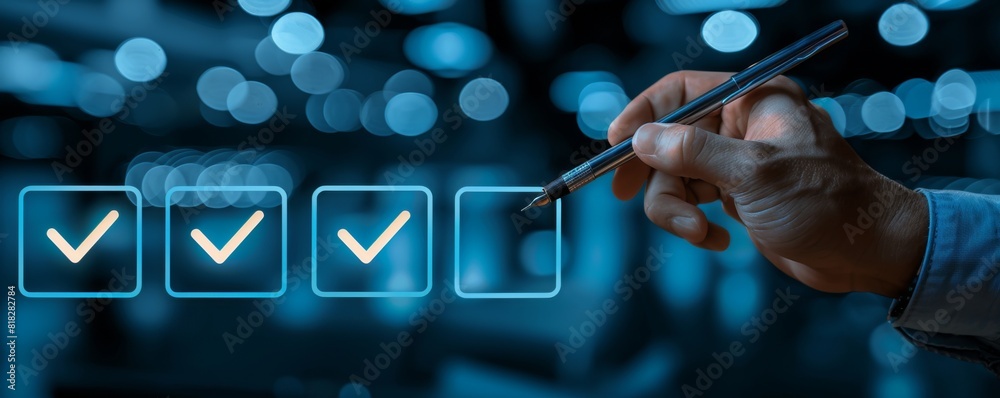 Hand holding a pen marking checklist with blue glowing checkmarks ...