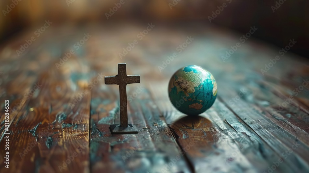 christian cross and earth globe on wooden floor conceptual image of ...