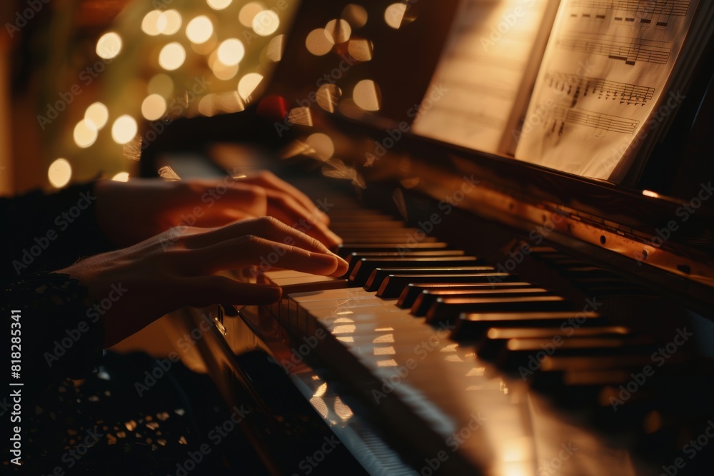 Complex Piano Piece Performance with Sheet Music and Soft Lighting ...