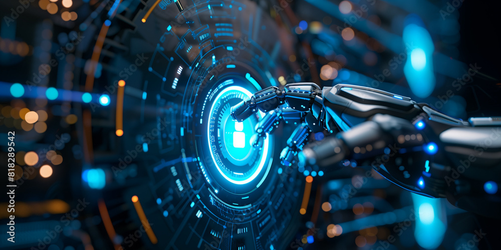 metallic robotic arm presses a button on a futuristic wall panel Stock ...
