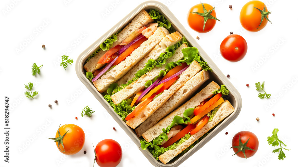 Top view of the lunch box with sandwiches and vegetables isolated on a ...