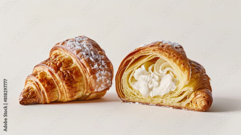 Two croissants with powdered sugar on top. One is open. The other is ...