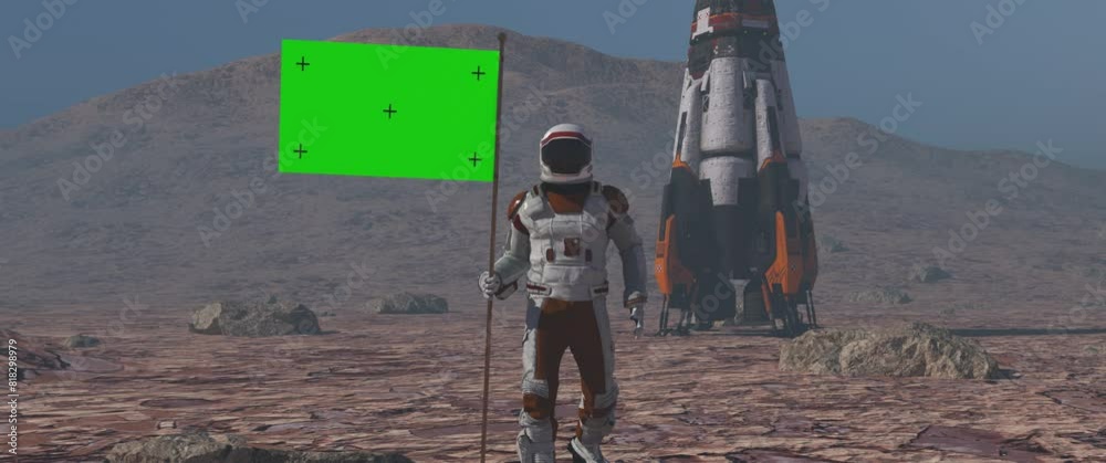 Astronaut walking on the mars with green screen flag, placing a flag ...