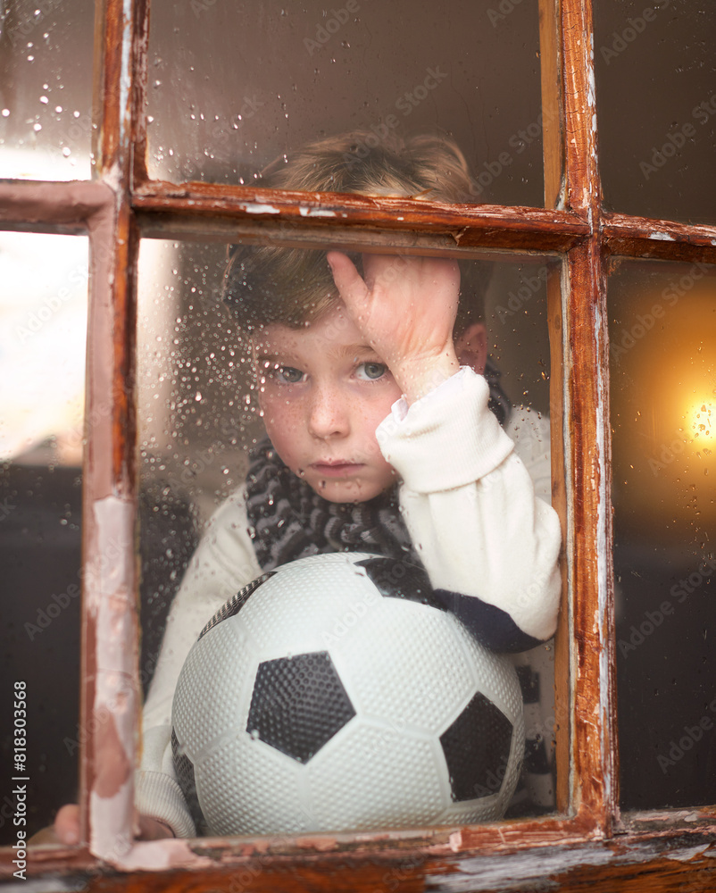 Portrait, depressed and sad child by window with anxiety for bullying ...