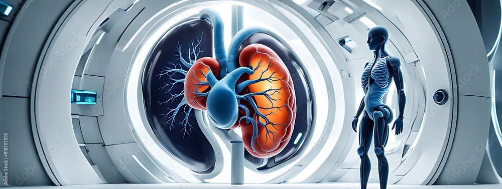 futuristic medical research or kidney health care with diagnosis and ...