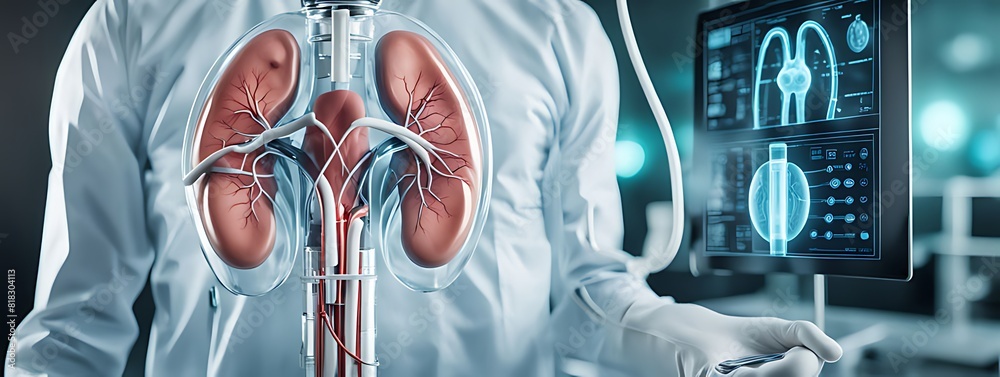 futuristic medical research or kidney health care with diagnosis and ...