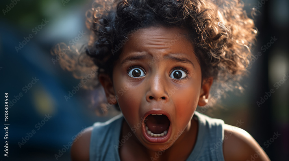Scared emotional toddler child. Little girl Shocked and amazed with big eyes and open mouth for ...
