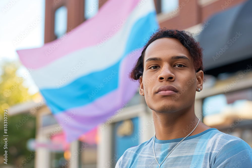 Confident young individual stands in front of a transgender pride flag ...