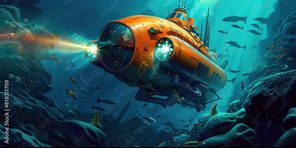 A deep-sea submersible explores uncharted parts of the ocean floor, its ...