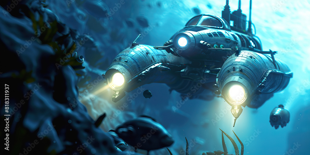 A deep-sea submersible explores uncharted parts of the ocean floor, its ...