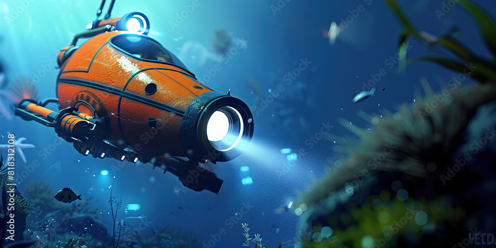 A deep-sea submersible explores uncharted parts of the ocean floor, its ...