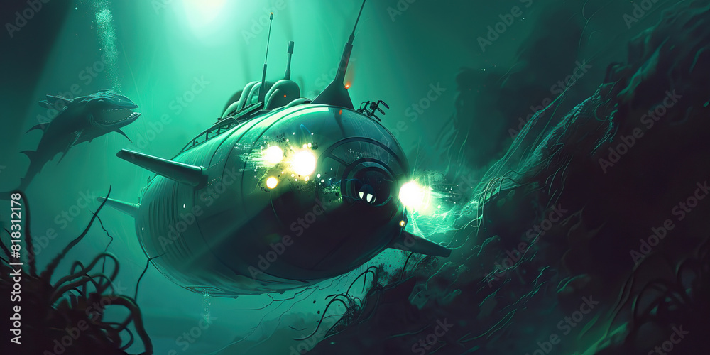 A deep-sea submersible explores uncharted parts of the ocean floor, its ...