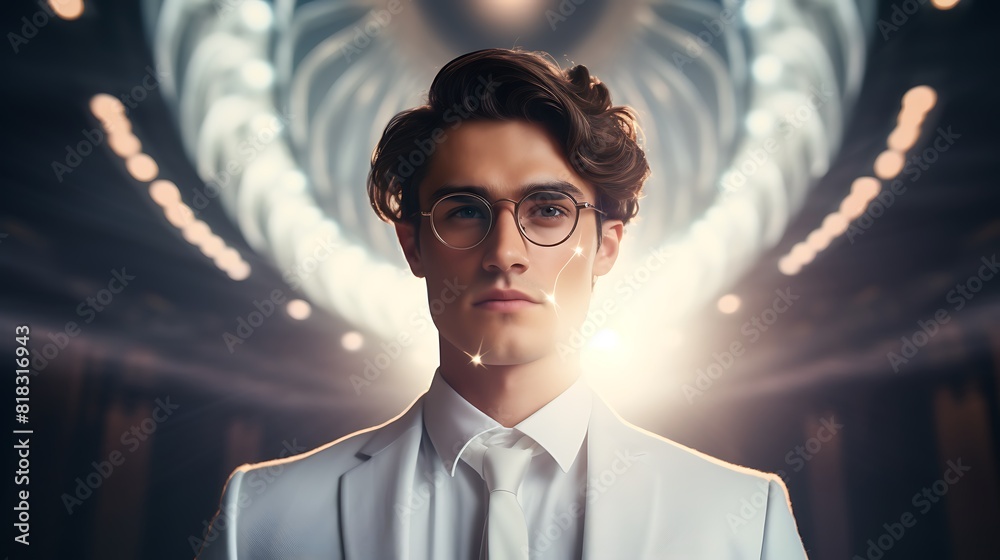 Arrogant young narcissist man in a fashion suit and in glasses looking ...