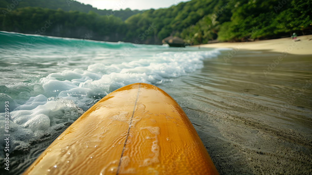 surf board in the water with greenary background Stock Photo | Adobe Stock