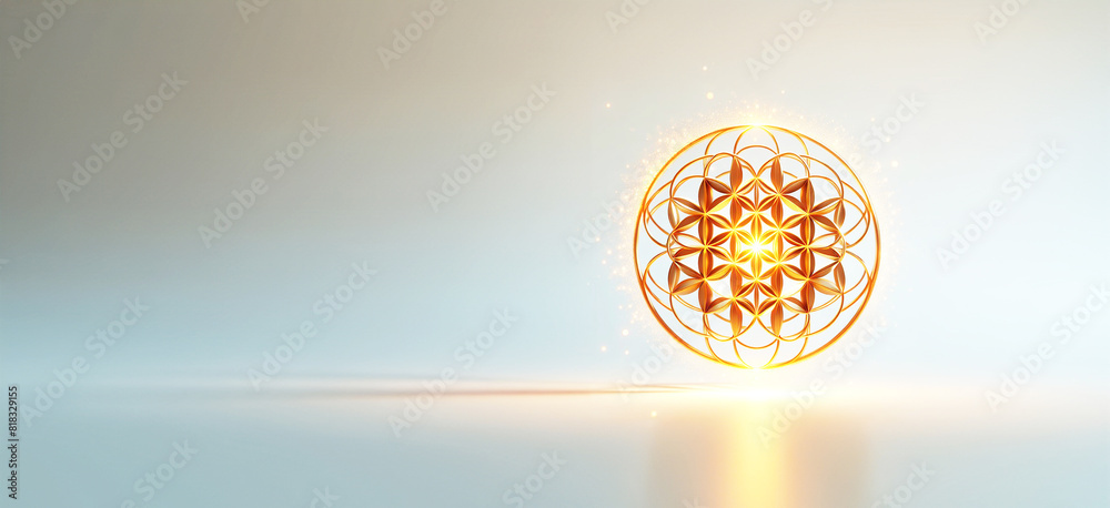 Symbol Blume des Lebens in Gold mit Hintergrund weiß außen 2 Kreise ...