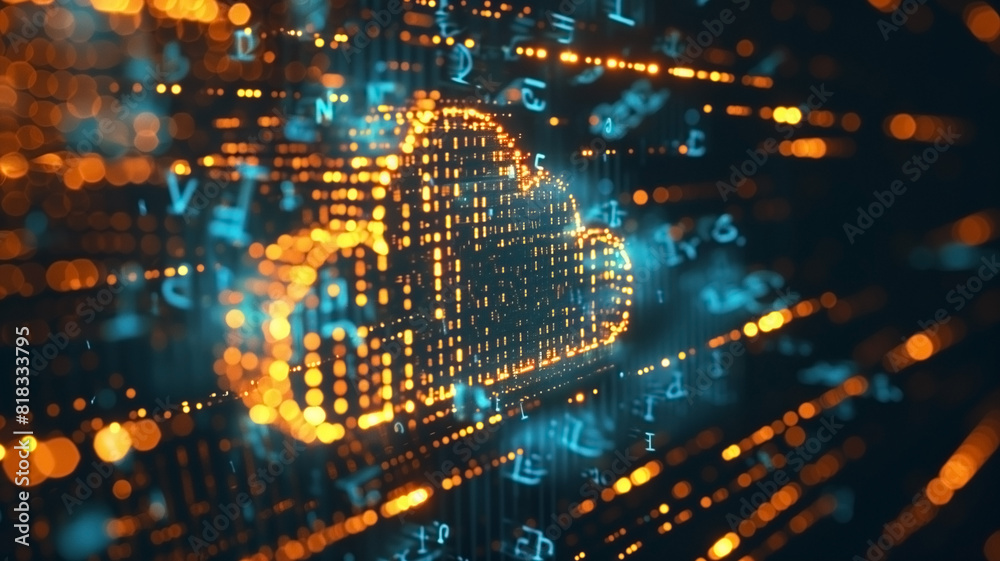 Digital informational technology web futuristic hologram with cloud icon, golden light digits ...