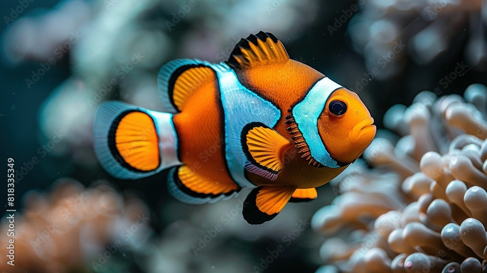 Poster A detailed shot of a clownfish perched on a coral with two ...