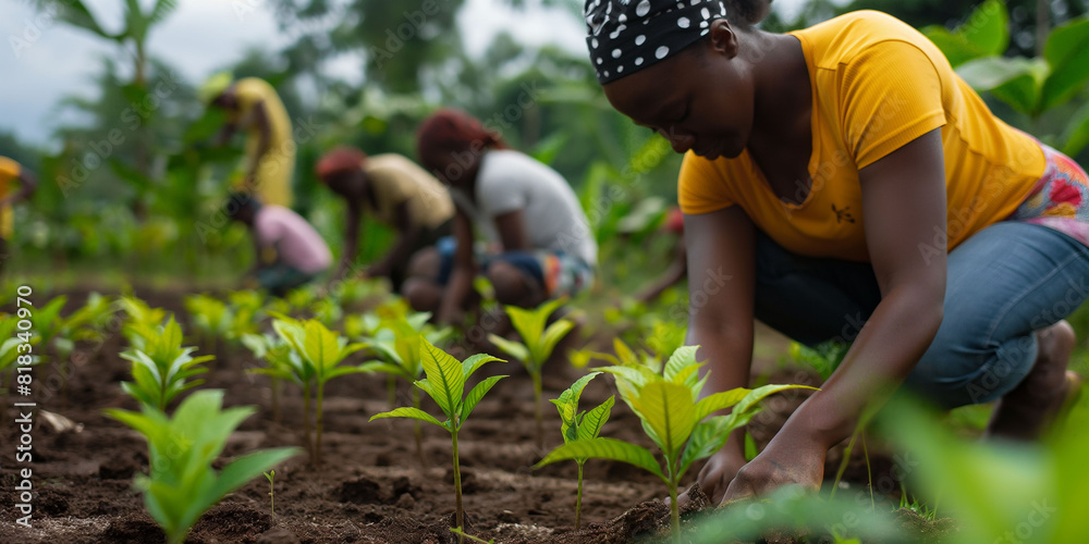 Close up a African American woman planting seedlings of trees for ...