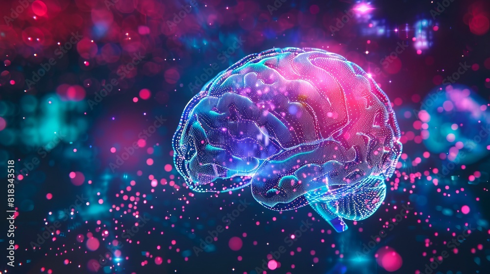 Neon brain illustration in vibrant colors. Vivid depiction of a digital ...