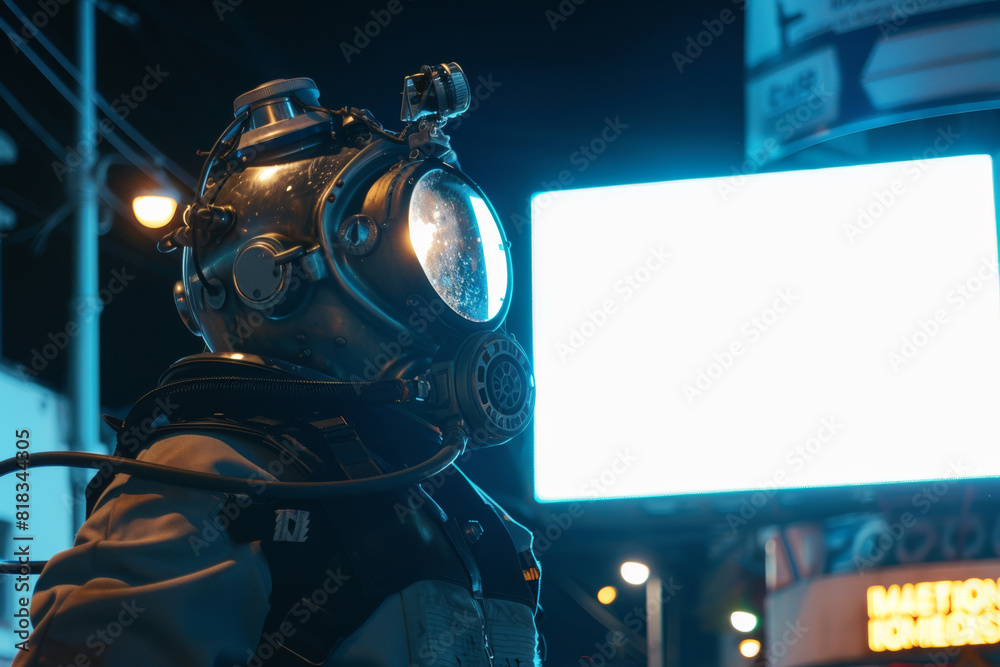 A deep-sea diver, fully equipped in a vintage diving suit, stands ...