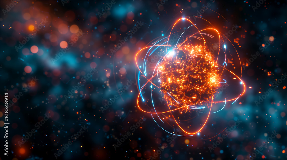 A stylized atom, its nucleus split in two, represents the concept of ...