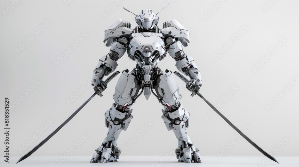 Futuristic white robot samurai warrior standing while holding two ...