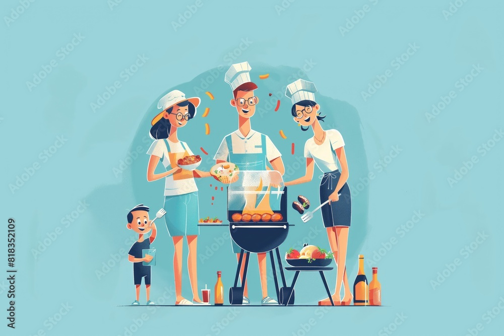 A vibrant cartoon 2D illustration of a family having a barbecue, with a ...