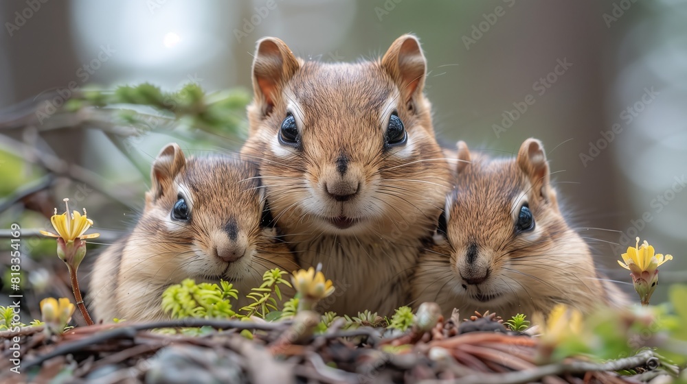Mother chipmunk with two babies sitting on top of a grassy pile. Stock ...