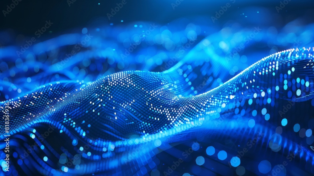 Abstract blue tech background with digital waves, dynamic network system, artificial neural ...