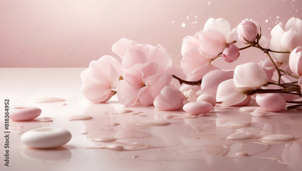 Delicate spa background with pink flowers, water droplets, and smooth ...